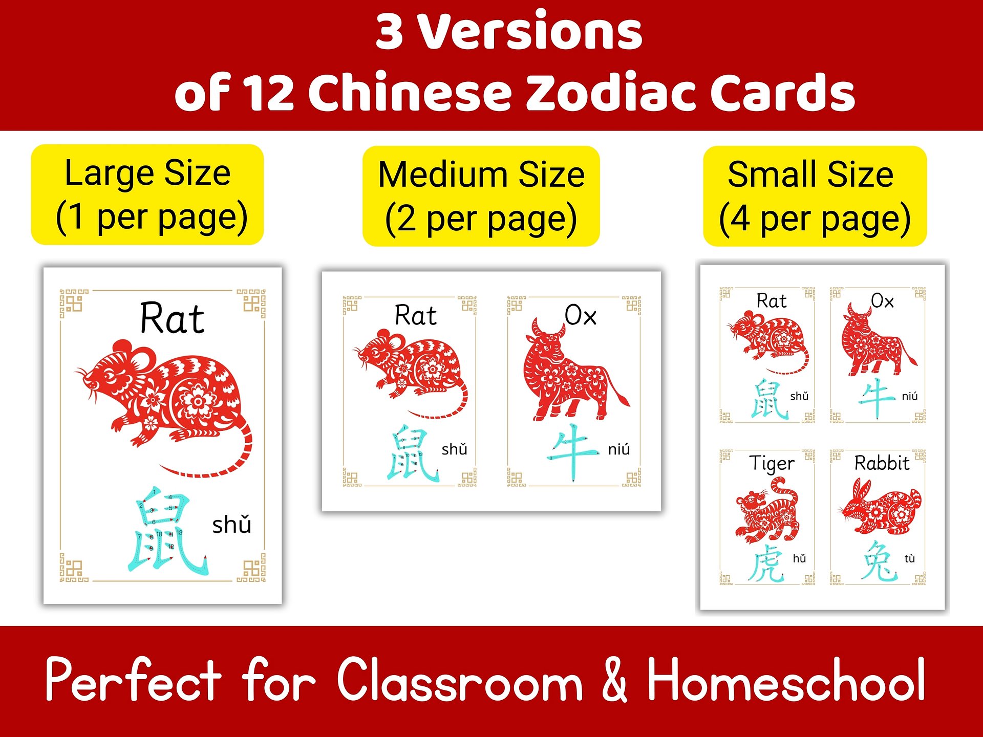 Chinese Zodiac Flashcards | 12 Animals Printable | Mandarin Chinese ...