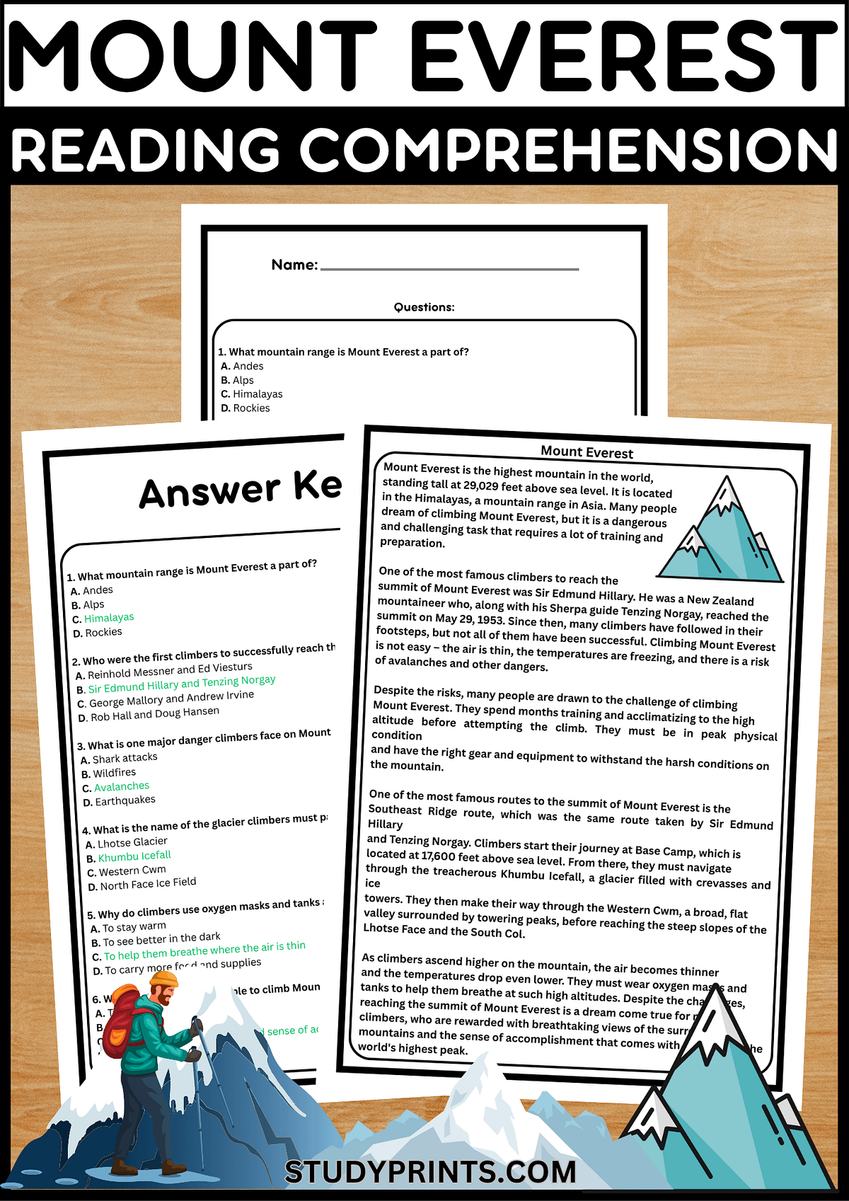 Mount Everest Eeading Comprehension Worksheets | Study Prints