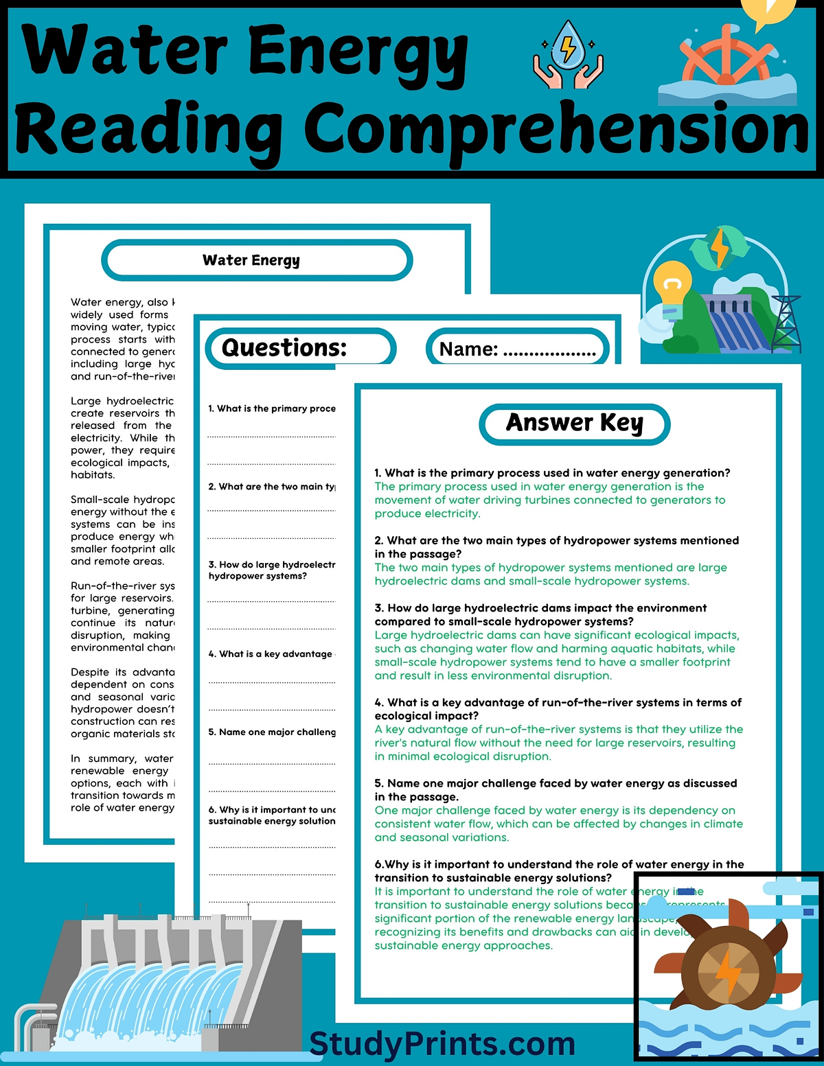 Water Energy READING PASSAGE WITH QUESTIONS WORKSHEET | Study Prints