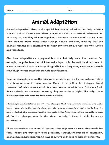 Animal Traits Reading Comprehension Passage & Questions | Learn Prints ...