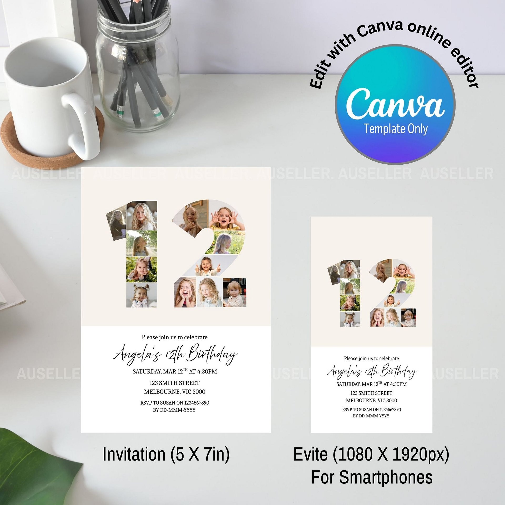 12th Birthday Photo Collage Editable Invitation Template | auseller