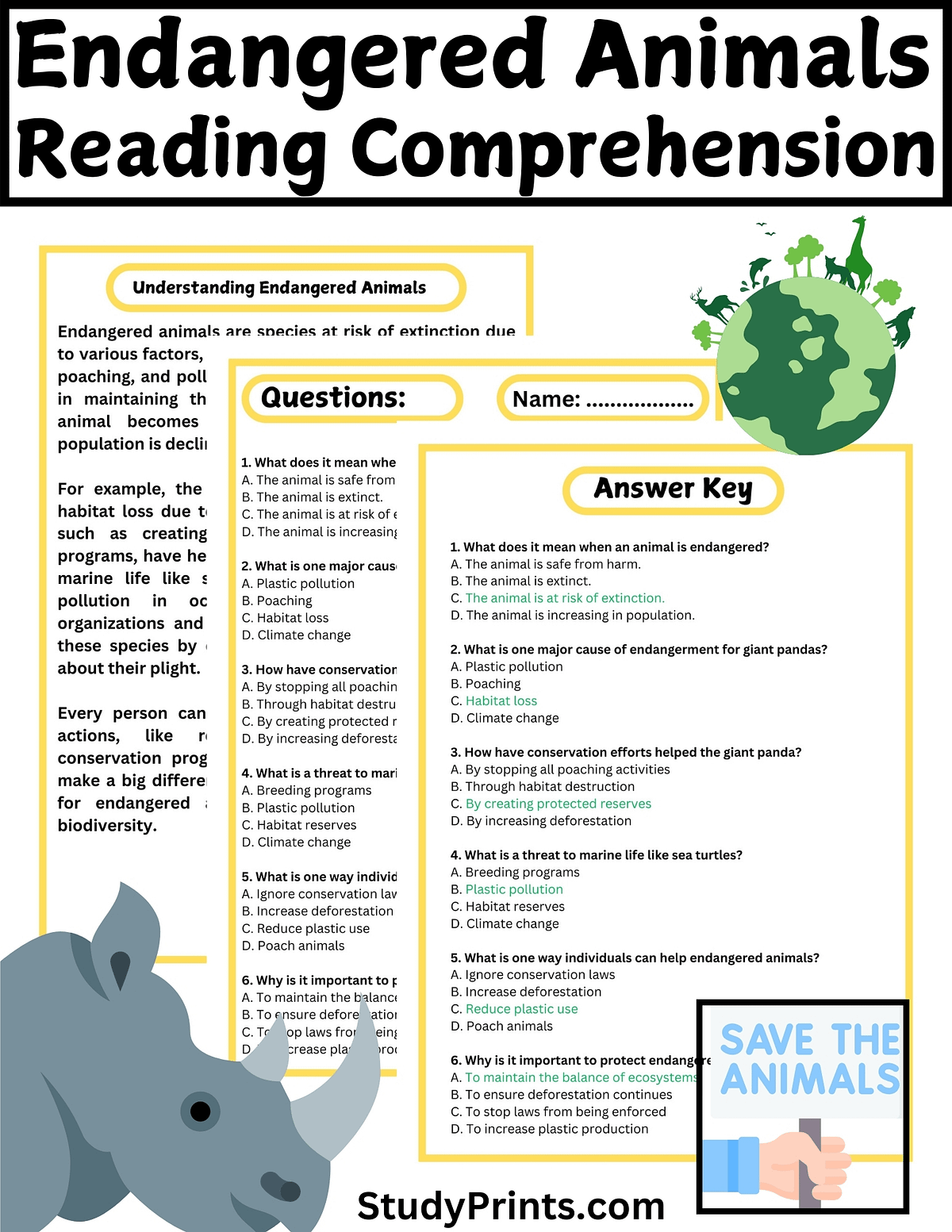 Endangered Animals Reading Passage with Comprehension Questions | Study ...