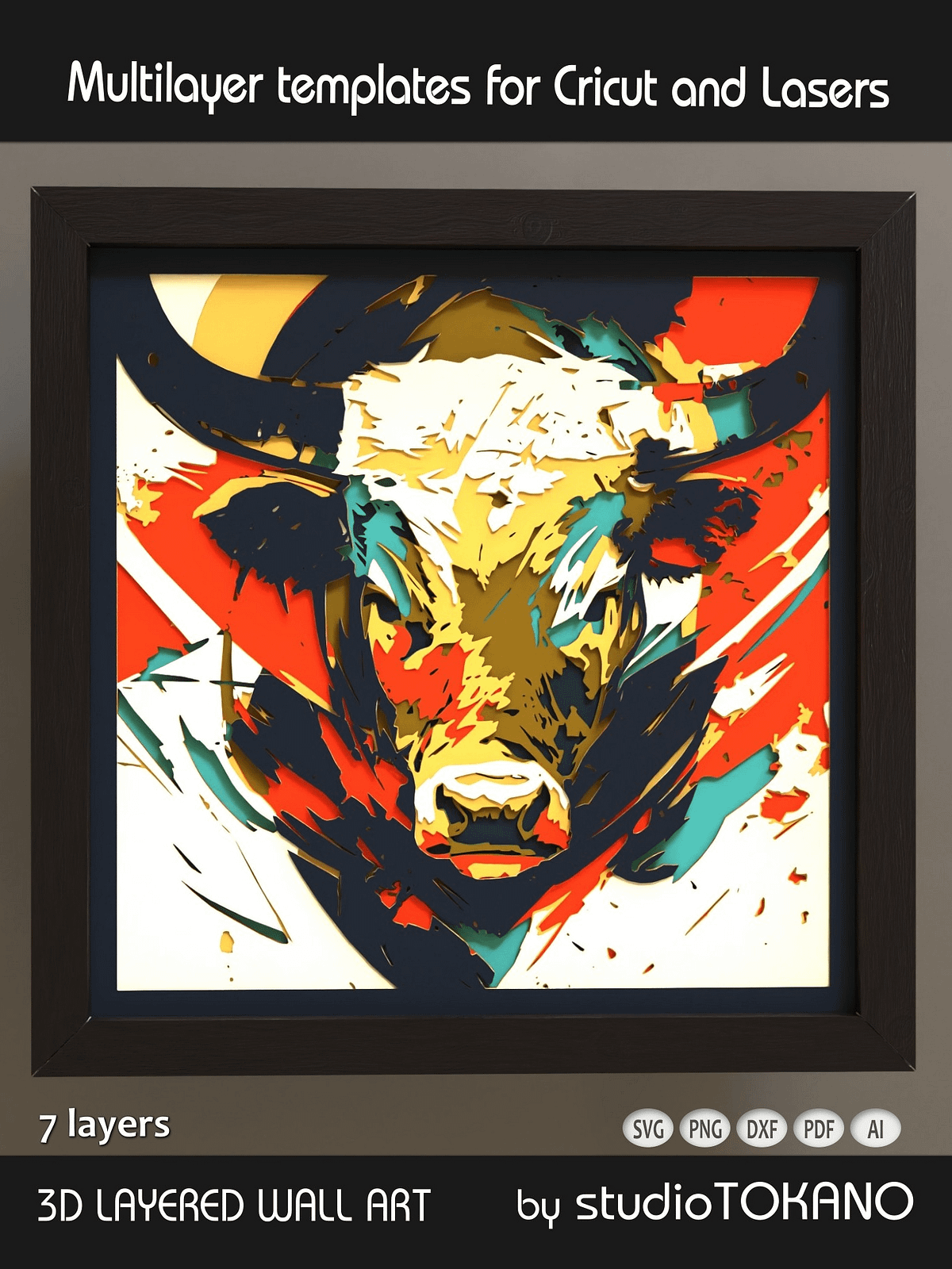 Bull 3D Layered SVG | Studio Tokano | 3D Layered SVGs, Shadow Box and ...