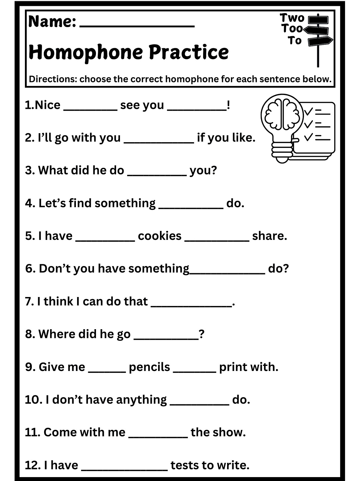 To, Too, or Two? Homophone Practice Worksheet | Study Prints