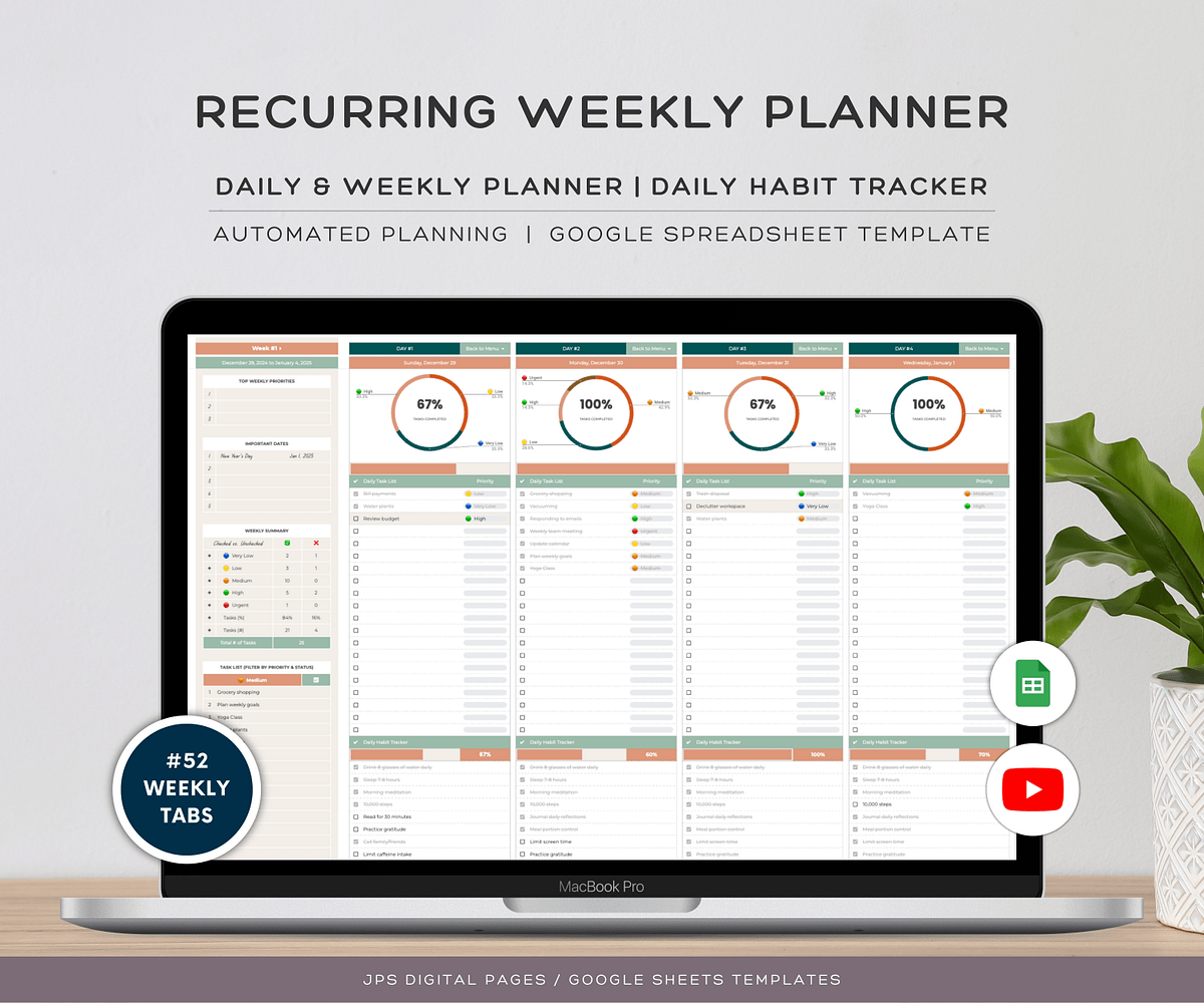 Weekly Recurrent Planner, Digital Planner Spreadsheet, Google Sheets ...